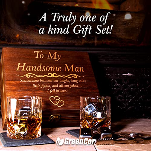 GreenCor Mens Anniversary for Him | Boyfriend | Fiance - Engraved Whiskey Glass Set ' To My Handsome Man ' Gifts for Birthday | Anniversary | Wedding