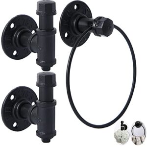 3-pack industrial pipe bathroom hardware accessories set, include 2 robe coat towel hook and 1 towel ring for hanging. 1/2" inch threaded heavy duty wall mounted rustic decor accessories kit (black)