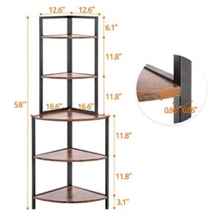 Apicizon 5 Tier Corner Shelf, Industrial Corner Bookshelf with Metal Frame, Rustic Corner Storage Rack Shelves Display Plant Flower, Stand Bookcase for Home Office, Small Place, Kitchen, Rustic Brown