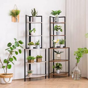 Apicizon 5 Tier Corner Shelf, Industrial Corner Bookshelf with Metal Frame, Rustic Corner Storage Rack Shelves Display Plant Flower, Stand Bookcase for Home Office, Small Place, Kitchen, Rustic Brown