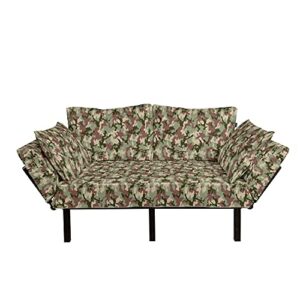 ambesonne camo futon couch, illustrated green camouflage in forest colors hunter theme, daybed with metal frame upholstered sofa for living dorm, loveseat, dark green army green