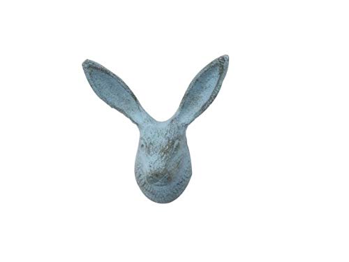 Handcrafted Nautical Decor Rustic Light Blue Cast Iron Decorative Rabbit Hook 5"