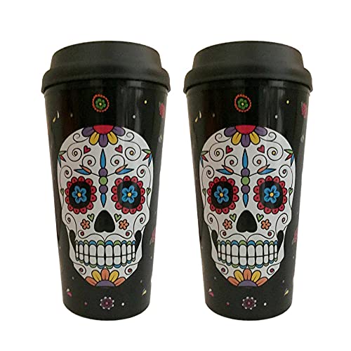 Farmhouse Treasures Day of the Dead, Sugar Skull Double Walled Travel Cups, Set of 2