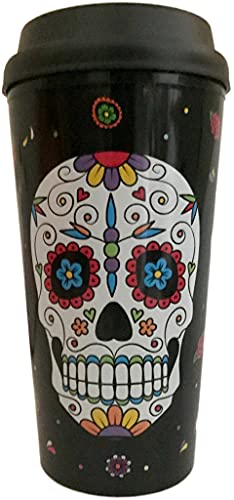 Farmhouse Treasures Day of the Dead, Sugar Skull Double Walled Travel Cups, Set of 2