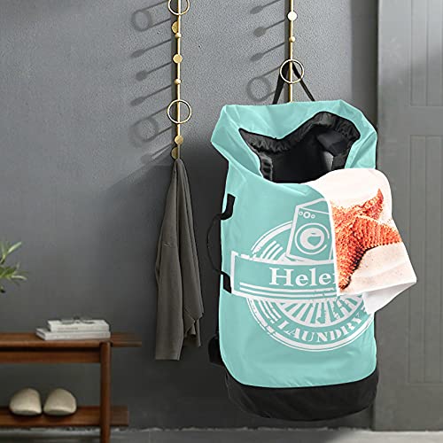 Personalized Teal Laundry Bag Backpack Custom Dirty Clothes Organizer With Strap and Handles Washable for College Dorm Room Essentials for Girls