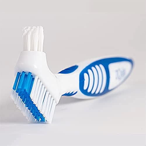 ZQuiet Clean Denture Brush for Dental Devices (Mouth Guard, Retainer, Mouthpiece, False Teeth), Multi-Layered Bristles, No-Slip Ergonomic Handle Dental Appliance Cleaning Brush Tooth Brush, White/Blue