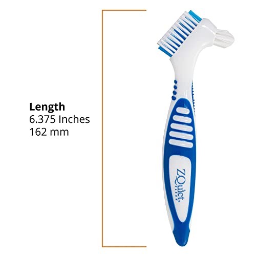 ZQuiet Clean Denture Brush for Dental Devices (Mouth Guard, Retainer, Mouthpiece, False Teeth), Multi-Layered Bristles, No-Slip Ergonomic Handle Dental Appliance Cleaning Brush Tooth Brush, White/Blue