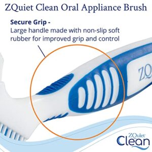 ZQuiet Clean Denture Brush for Dental Devices (Mouth Guard, Retainer, Mouthpiece, False Teeth), Multi-Layered Bristles, No-Slip Ergonomic Handle Dental Appliance Cleaning Brush Tooth Brush, White/Blue