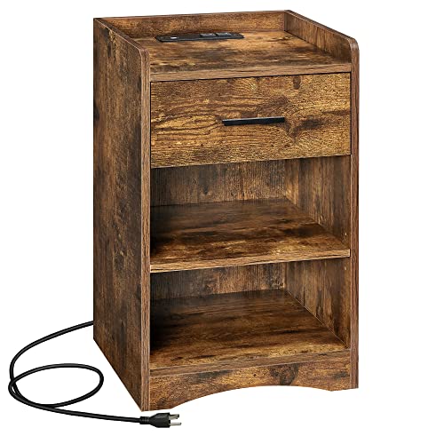 VASAGLE Nightstand with Charging Station, Bed Side Table with USB Ports and Outlets, Drawer, Storage Shelves, Plug-in Series, Rustic Brown, 40 cm x 40 cm x 64 cm