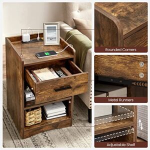 VASAGLE Nightstand with Charging Station, Bed Side Table with USB Ports and Outlets, Drawer, Storage Shelves, Plug-in Series, Rustic Brown, 40 cm x 40 cm x 64 cm