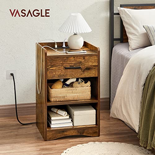 VASAGLE Nightstand with Charging Station, Bed Side Table with USB Ports and Outlets, Drawer, Storage Shelves, Plug-in Series, Rustic Brown, 40 cm x 40 cm x 64 cm