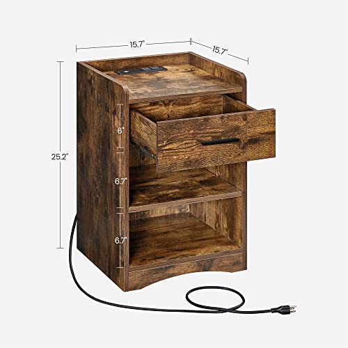 VASAGLE Nightstand with Charging Station, Bed Side Table with USB Ports and Outlets, Drawer, Storage Shelves, Plug-in Series, Rustic Brown, 40 cm x 40 cm x 64 cm