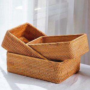 zenfun 3 pack rectangular rattan storage baskets, bulk shallow wicker baskets for decor, handmade woven nesting bread baskets for organizing, serving, for kitchen, home, 3 sizes