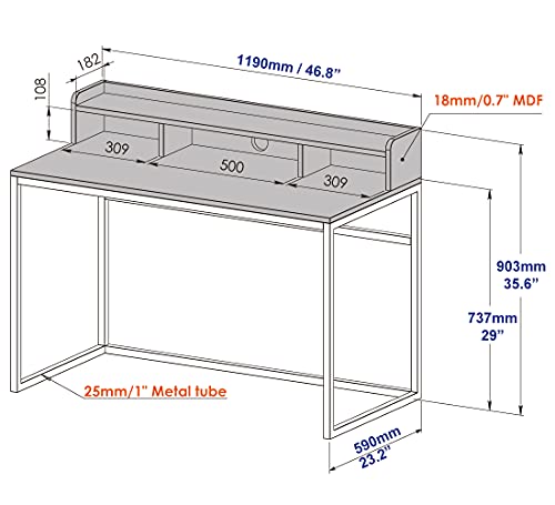 CENSI French Oak Writing Computer Desk with Hutch, 47 Inch Modern Wood and Metal Home Office Desk (Grey Wash)