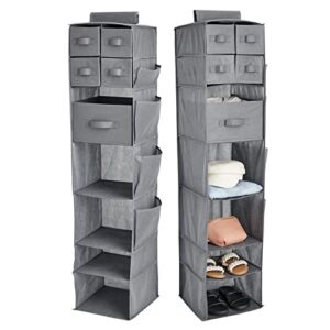 juvale 2-pack 7-shelf hanging closet organizer with 5 drawers, 4 shelves, and 4 side pockets, foldable non-woven cloth storage for bedroom and hallway closets (11.8x11.8x51.0in, gray)