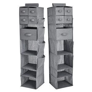 Juvale 2-Pack 7-Shelf Hanging Closet Organizer with 5 Drawers, 4 Shelves, and 4 Side Pockets, Foldable Non-Woven Cloth Storage for Bedroom and Hallway Closets (11.8x11.8x51.0in, Gray)