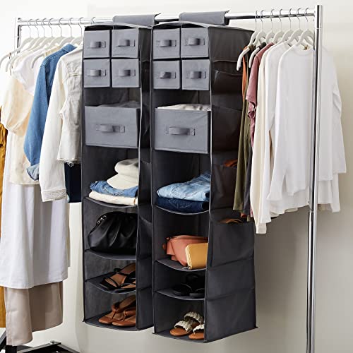 Juvale 2-Pack 7-Shelf Hanging Closet Organizer with 5 Drawers, 4 Shelves, and 4 Side Pockets, Foldable Non-Woven Cloth Storage for Bedroom and Hallway Closets (11.8x11.8x51.0in, Gray)