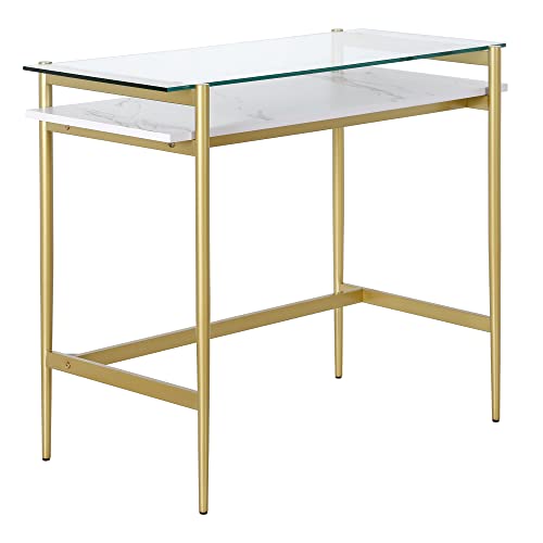 Eaton Rectangular 36'' Wide Desk with Faux Marble Shelf in Brass/Faux Marble