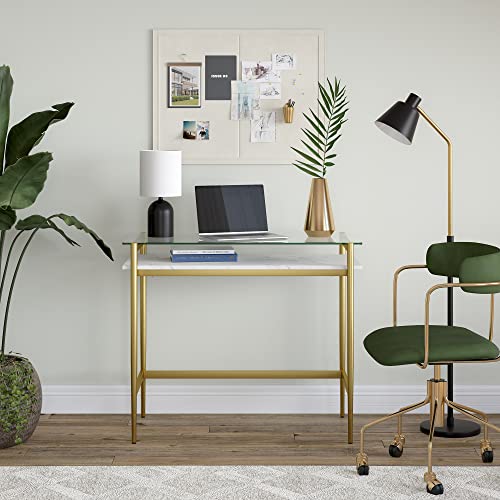 Eaton Rectangular 36'' Wide Desk with Faux Marble Shelf in Brass/Faux Marble