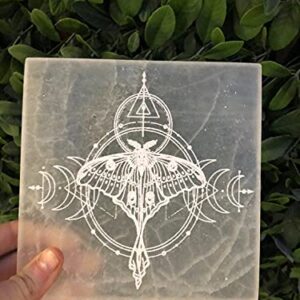 CrystalsAhoy 6" Etched Selenite Charging Plate, E3344 Moth Designs