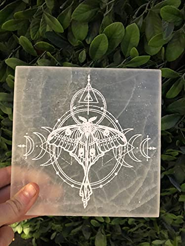 CrystalsAhoy 6" Etched Selenite Charging Plate, E3344 Moth Designs