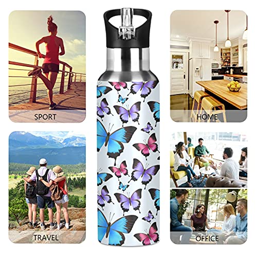 Vnurnrn Art Cute Insect Butterfly Sports Water Bottles with Straw Insulated Stainless Steel Vacuum Flask Keeps Hot and Cold for Kids Adult Travel