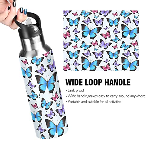 Vnurnrn Art Cute Insect Butterfly Sports Water Bottles with Straw Insulated Stainless Steel Vacuum Flask Keeps Hot and Cold for Kids Adult Travel