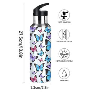 Vnurnrn Art Cute Insect Butterfly Sports Water Bottles with Straw Insulated Stainless Steel Vacuum Flask Keeps Hot and Cold for Kids Adult Travel