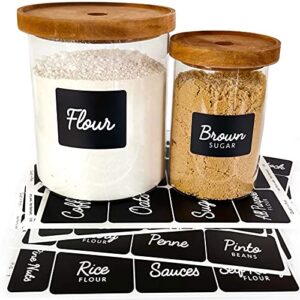 quart + pint 134 glossy kitchen pantry labels for containers. preprinted retro script style. black sticker white text. waterproof stickers. organization labels for jars canisters & storage home bins.