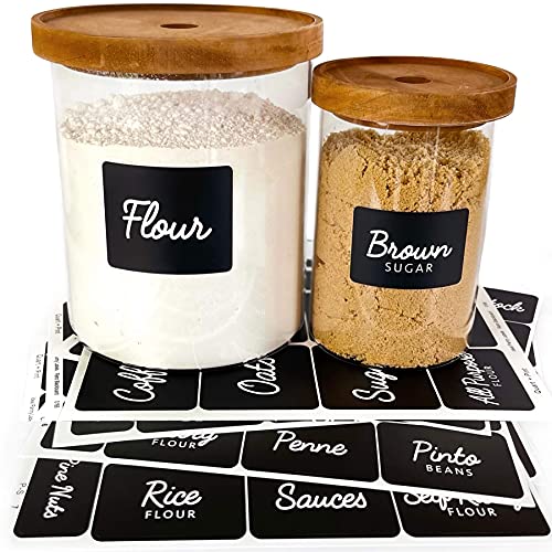 QUART + PINT 134 Glossy Kitchen Pantry Labels for Containers. Preprinted Retro Script Style. Black Sticker White Text. Waterproof Stickers. Organization Labels for Jars Canisters & Storage Home Bins.