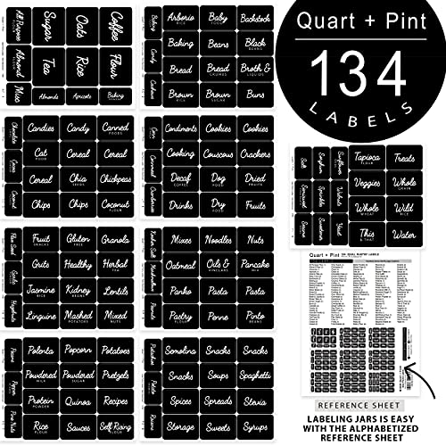 QUART + PINT 134 Glossy Kitchen Pantry Labels for Containers. Preprinted Retro Script Style. Black Sticker White Text. Waterproof Stickers. Organization Labels for Jars Canisters & Storage Home Bins.