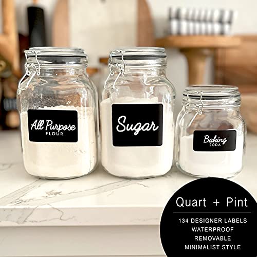 QUART + PINT 134 Glossy Kitchen Pantry Labels for Containers. Preprinted Retro Script Style. Black Sticker White Text. Waterproof Stickers. Organization Labels for Jars Canisters & Storage Home Bins.