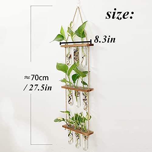 Wall Hanging Planter Terrarium with Wooden Stand, 3 Tiered Mini Test Tube Flower Vases Retro Hanging Glass Planter Propagator for Hydroponic Plants Cutting Home Office Garden Decor- 9 Test Tubes