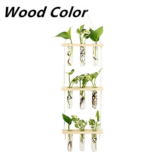 Wall Hanging Planter Terrarium with Wooden Stand, 3 Tiered Mini Test Tube Flower Vases Retro Hanging Glass Planter Propagator for Hydroponic Plants Cutting Home Office Garden Decor- 9 Test Tubes