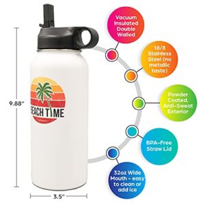 Lifecraft Beach Time 18/8 Stainless Steel Vacuum Insulated Sweat Proof Water Bottle Large 32 Oz Wide Mouth with Straw Flip Lid, Handheld Sport Design Hydro Metal Jug