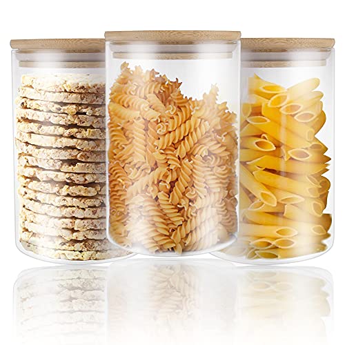 ENLOY Glass Food Storage Jars, 3-Piece Glass Canisters Food Storage Containers with Airtight Bamboo Wooden Lid For Sugar, Flour, Tea, Candy, Cookie, Spice and More, 32 OZ (950 ML)