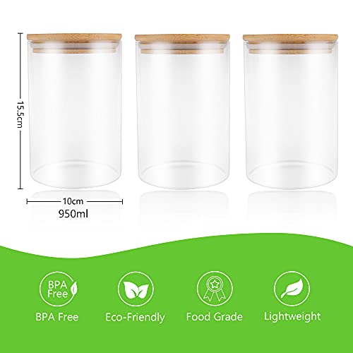 ENLOY Glass Food Storage Jars, 3-Piece Glass Canisters Food Storage Containers with Airtight Bamboo Wooden Lid For Sugar, Flour, Tea, Candy, Cookie, Spice and More, 32 OZ (950 ML)