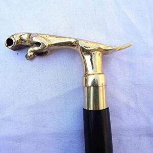 Victorian Style Jaguar Handle Walking Stick Cane Solid Brass Handle Wooden Black Stick Fordable