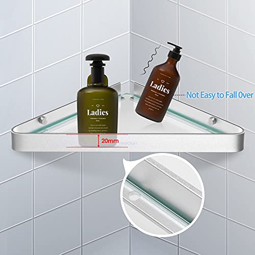 TreeGun Corner Shower Caddy, 2 Pack Glass Corner Shelf, No Drilling Glass Corner Shelf Adhesive Wall Mounted Bathroom Shelf with Aluminum Brackets