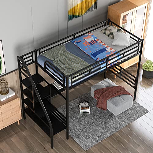 SOFTSEA Twin Metal Loft Bed with Stairs for Juniors High Loft Bed with Desk for Boys and Girls for Small Space, No Box Spring Needed