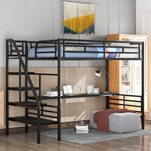 SOFTSEA Twin Metal Loft Bed with Stairs for Juniors High Loft Bed with Desk for Boys and Girls for Small Space, No Box Spring Needed