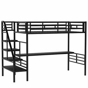 SOFTSEA Twin Metal Loft Bed with Stairs for Juniors High Loft Bed with Desk for Boys and Girls for Small Space, No Box Spring Needed