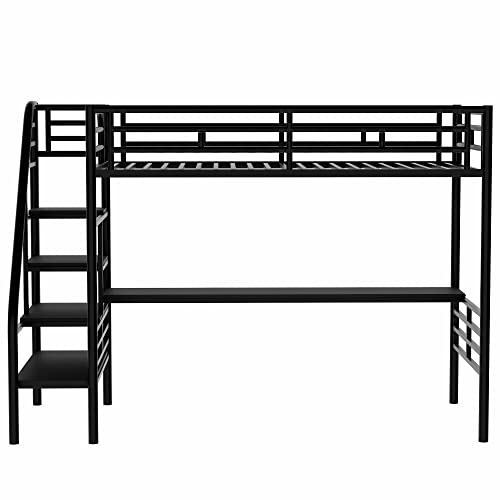 SOFTSEA Twin Metal Loft Bed with Stairs for Juniors High Loft Bed with Desk for Boys and Girls for Small Space, No Box Spring Needed