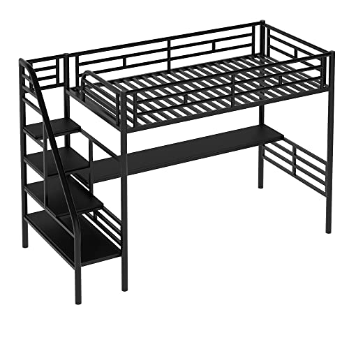 SOFTSEA Twin Metal Loft Bed with Stairs for Juniors High Loft Bed with Desk for Boys and Girls for Small Space, No Box Spring Needed