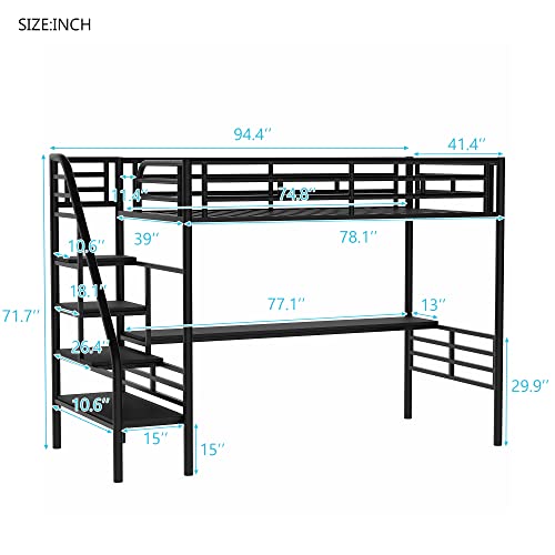 SOFTSEA Twin Metal Loft Bed with Stairs for Juniors High Loft Bed with Desk for Boys and Girls for Small Space, No Box Spring Needed