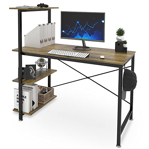 Computer Desk with Storage Shelves, 47 Inch Study Writing Table for Home Office with Reversible 4 Tier Bookshelf and Headphone Hook, Great for Working, Gaming and Writing