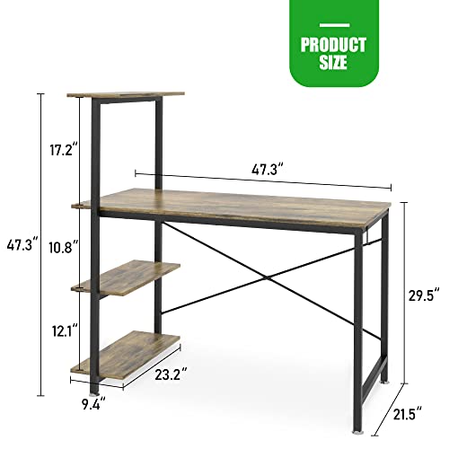 Computer Desk with Storage Shelves, 47 Inch Study Writing Table for Home Office with Reversible 4 Tier Bookshelf and Headphone Hook, Great for Working, Gaming and Writing