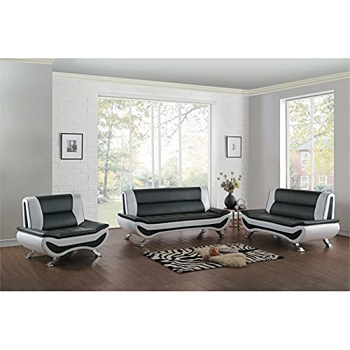 Pemberly Row Contemporary Faux Leather Sofa, 3 Seater Living Room Furniture Couch with Metal Legs, Low Armrest Sleeper Sofa in White and Black