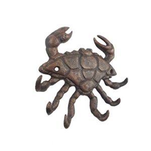 Handcrafted Nautical Decor Rustic Copper Cast Iron Decorative Crab with Six Metal Wall Hooks 7"