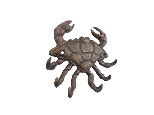 Handcrafted Nautical Decor Rustic Copper Cast Iron Decorative Crab with Six Metal Wall Hooks 7"